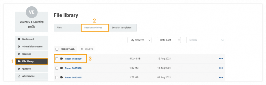 Recordings of the virtual classroom sessions | VEDAMO