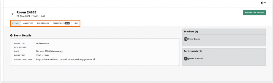 Virtual Classrooms menu in your VEDAMO account | VEDAMO