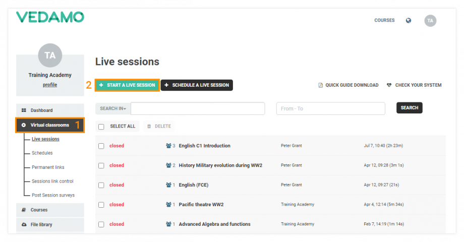 Virtual Classroom Advanced Settings | VEDAMO