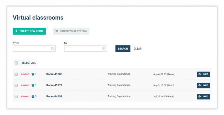 Virtual Classrooms menu in your VEDAMO account | VEDAMO