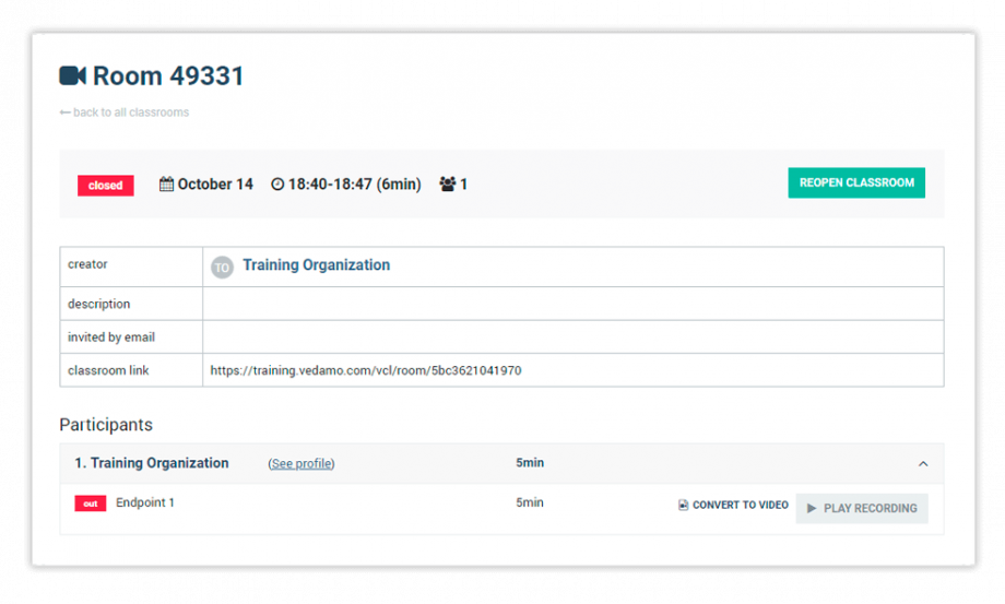 Virtual Classrooms menu in your VEDAMO account | VEDAMO