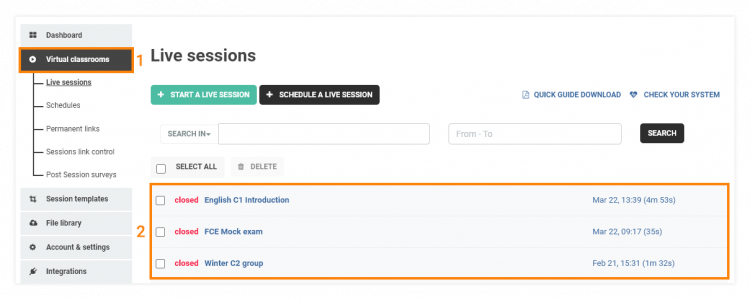 Virtual Classrooms menu in your VEDAMO account | VEDAMO