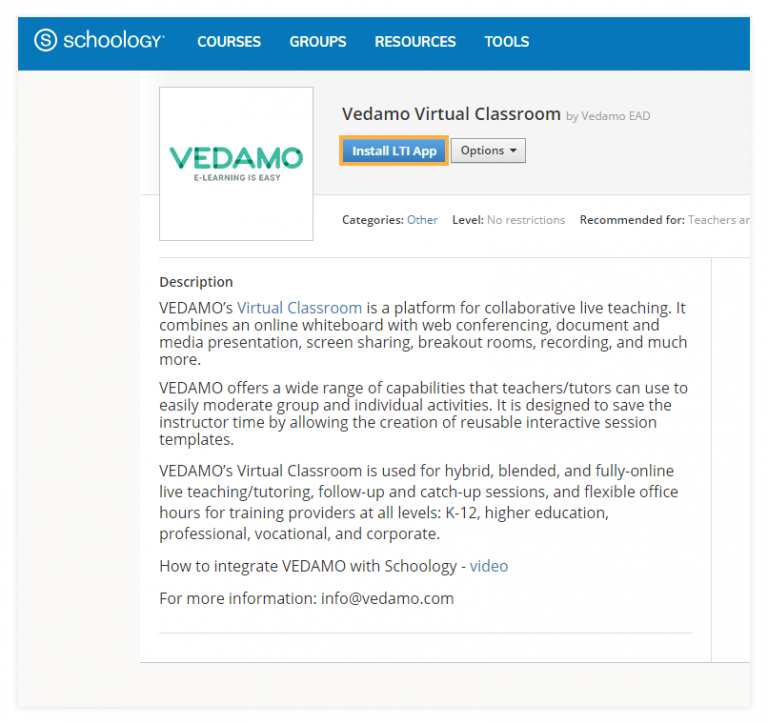 Integrate the Virtual Classroom with Schoology | VEDAMO