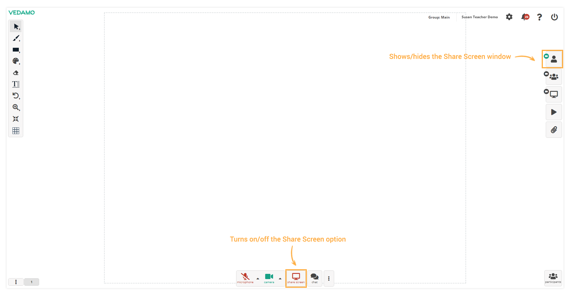 Individual video and Screen Share in the Virtual Classroom | VEDAMO