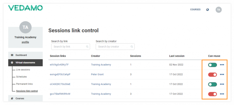 Sessions link control | VEDAMO