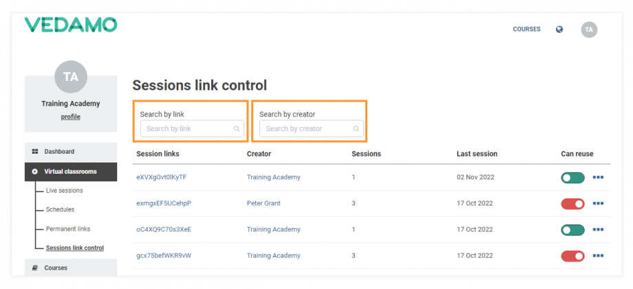 Sessions link control | VEDAMO
