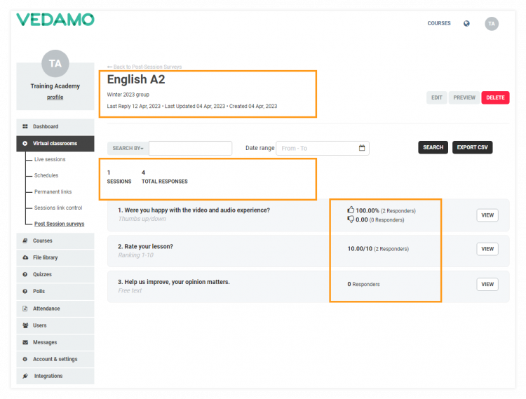 Post-session surveys | VEDAMO