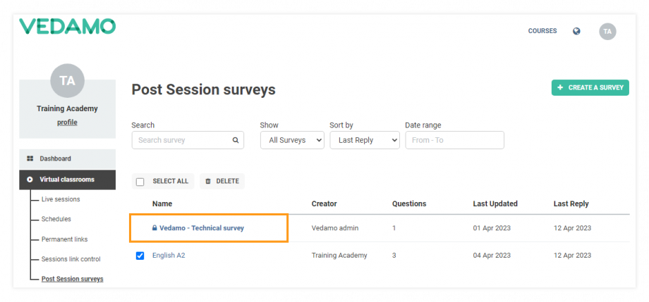 Post-session surveys | VEDAMO
