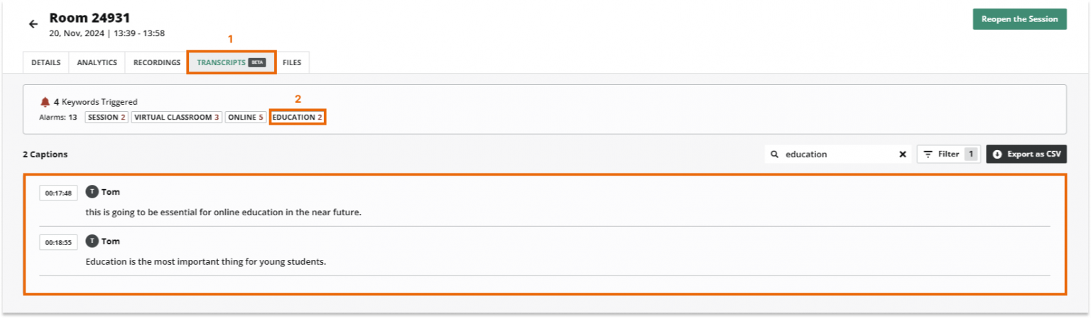 Transcripts in the VEDAMO platform | VEDAMO